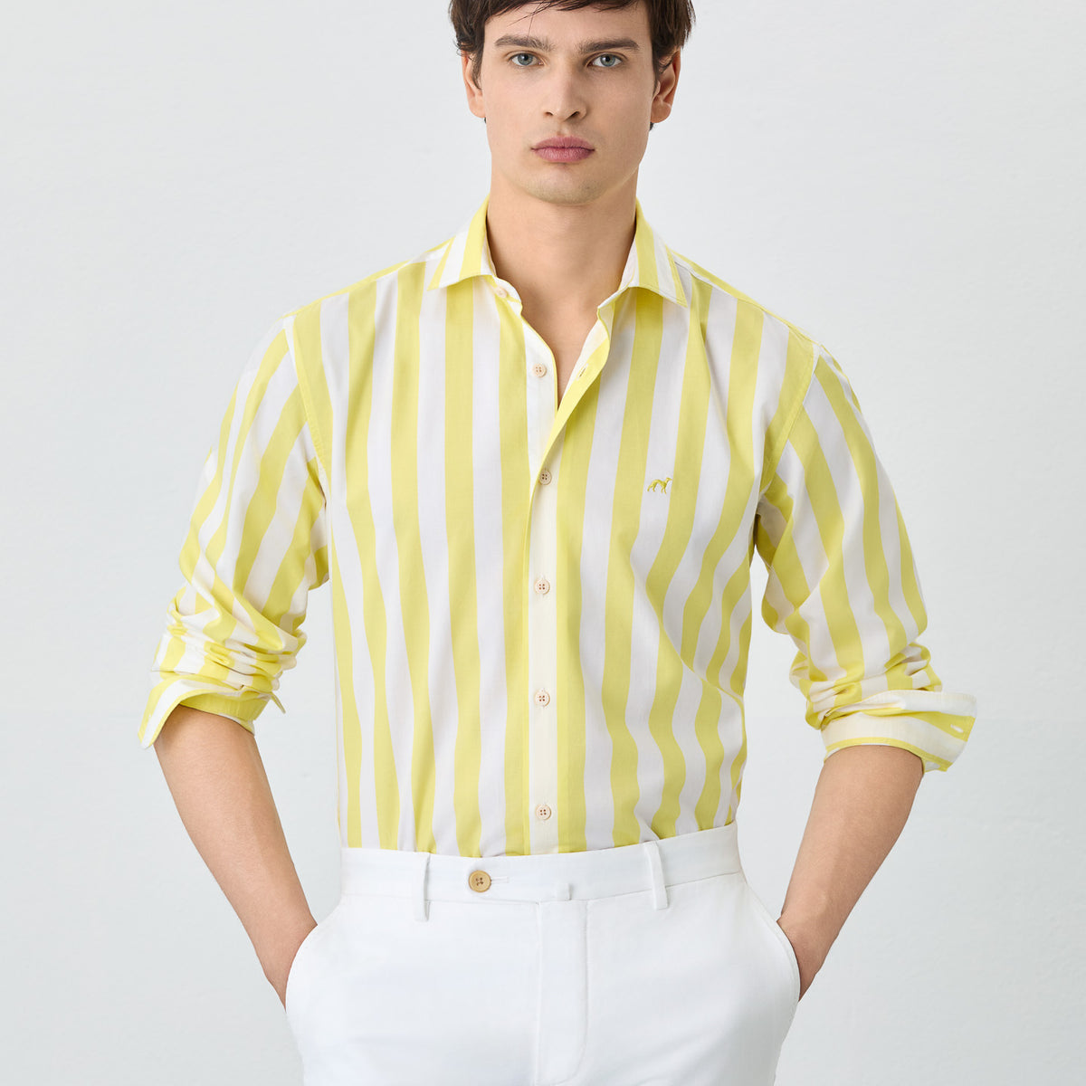 Slim Fit Shirt With Open Collar in BCI Cotton With Stripes – Sacoor ...