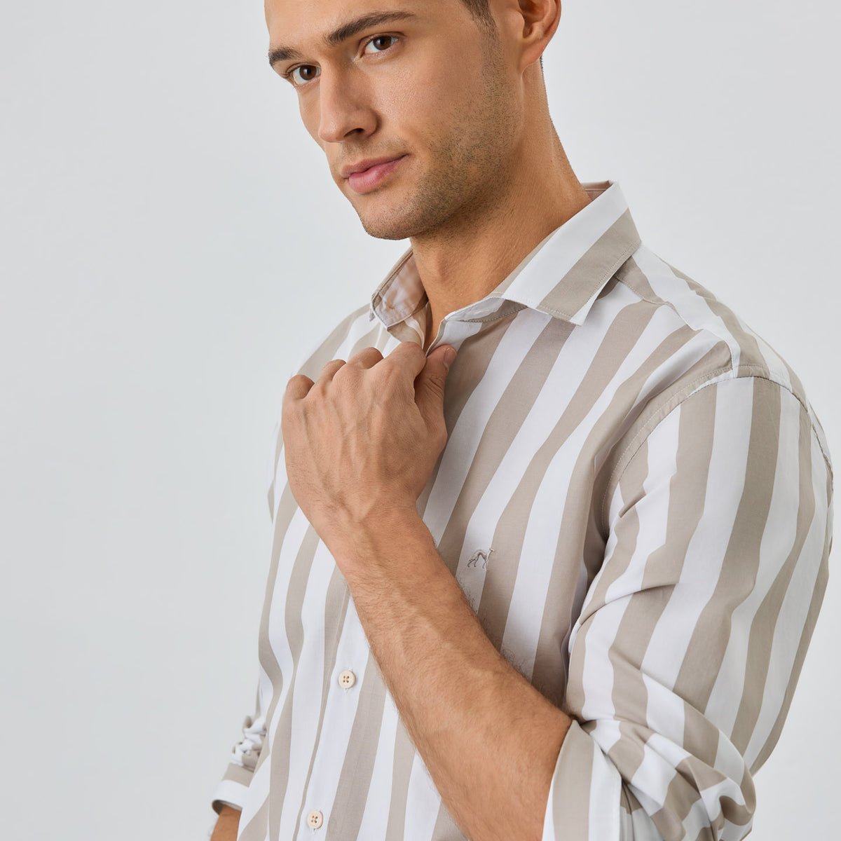 Slim Fit Shirt With Open Collar In BCI Cotton With Stripes – Sacoor ...